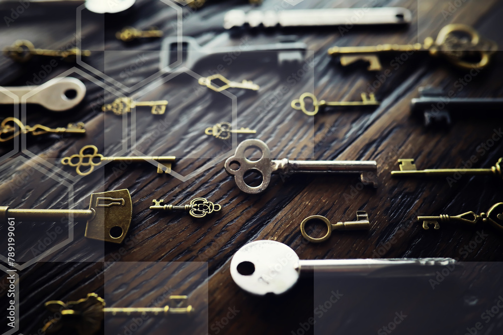 Antique door locks and keys on an old background. Old padlock and key ...