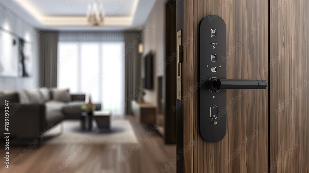 Digital door lock installed on wood door for security and access the ...