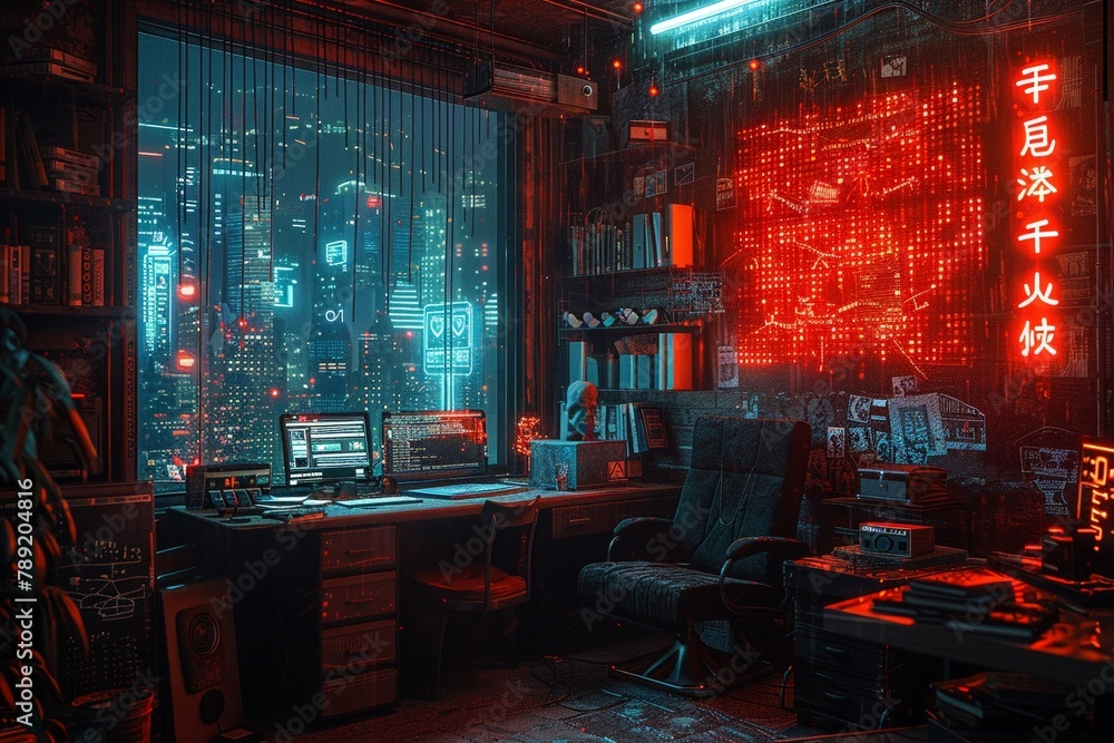 Cyberpunk detectives office, neon noir, solving crimes with AI and ...