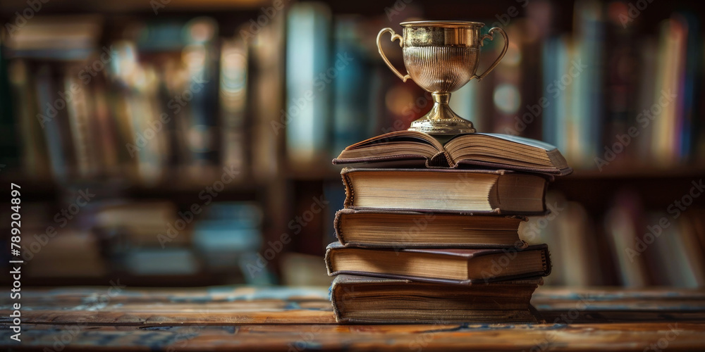 A stack of books with an open book on top and a golden trophy cup ...