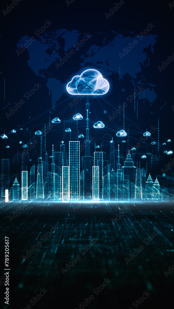 Cloud Computing Network over Digital Cityscape, Digital visualization ...