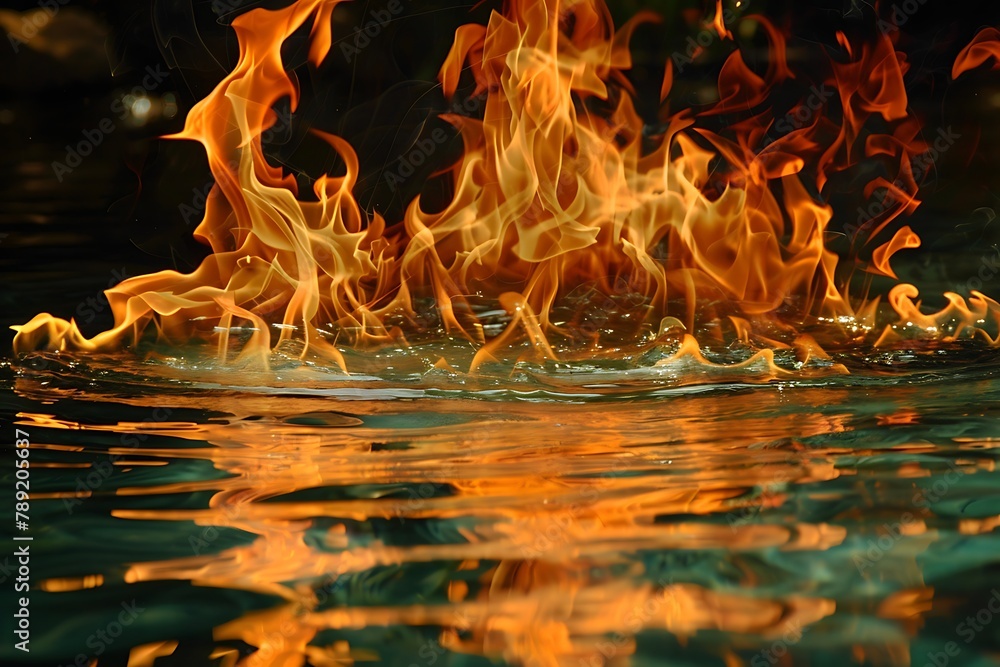 Fire and water. Fire flames and reflection in water. A breathtaking ...