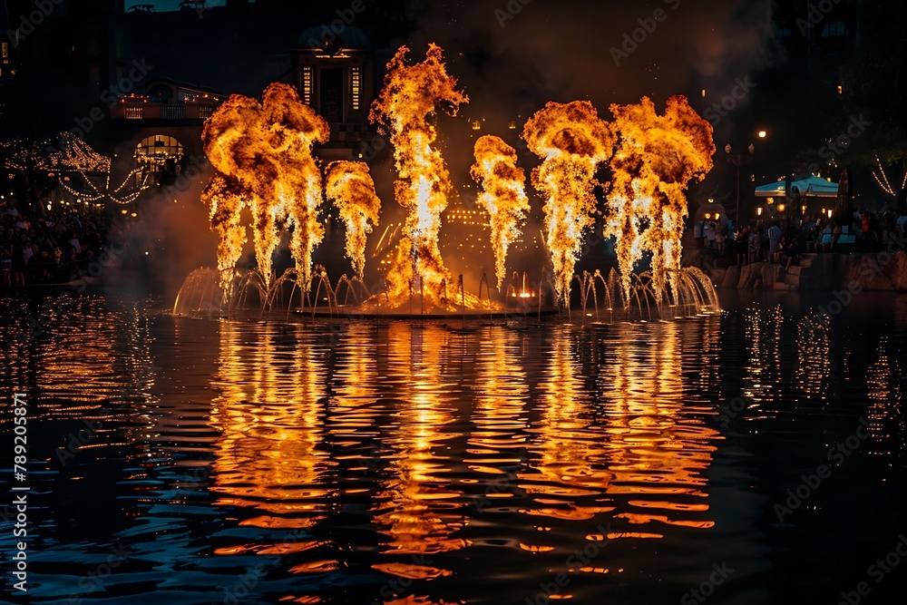 Fire and water. Fire flames and reflection in water. A breathtaking ...