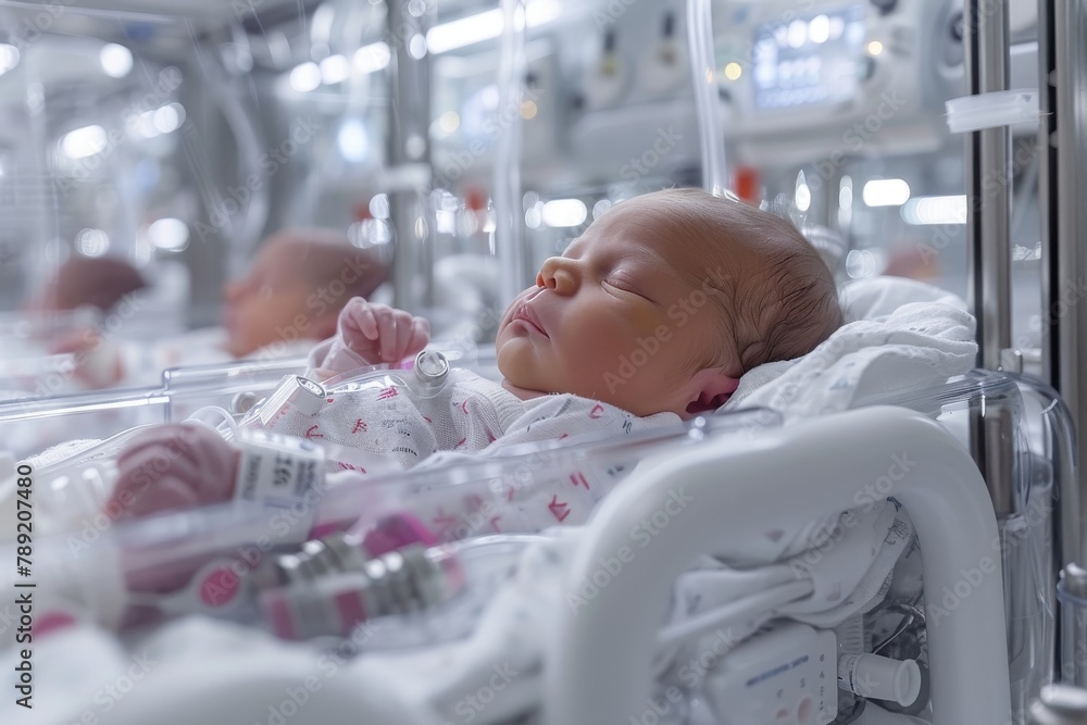 A serene scene of a sleeping neonatal infant in a hospital incubator highlights the delicacy of ...