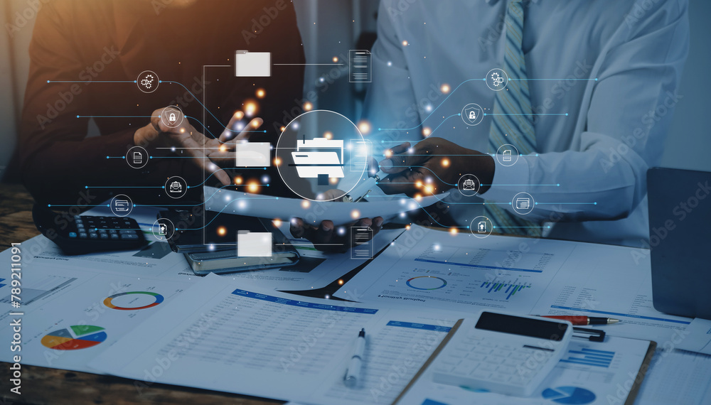 Document management concept. Virtual screen icons Document Management ...