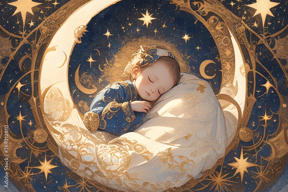 A newborn baby sleeping on the bed, surrounded in the style of stars ...
