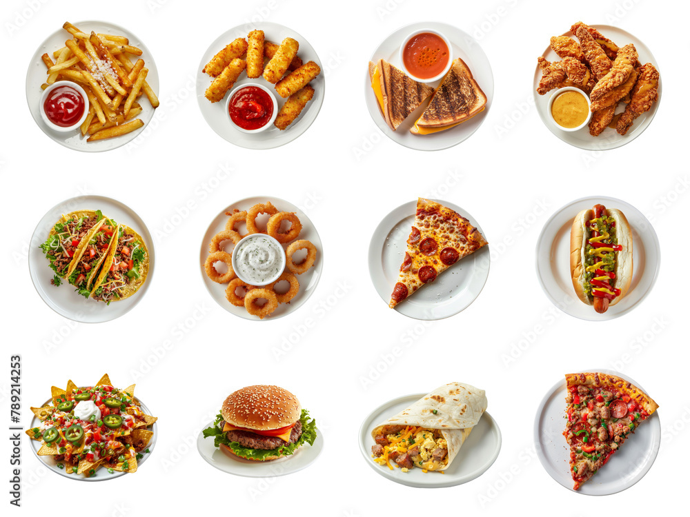 top-down view of a variety of fast food dishes, including fries ...