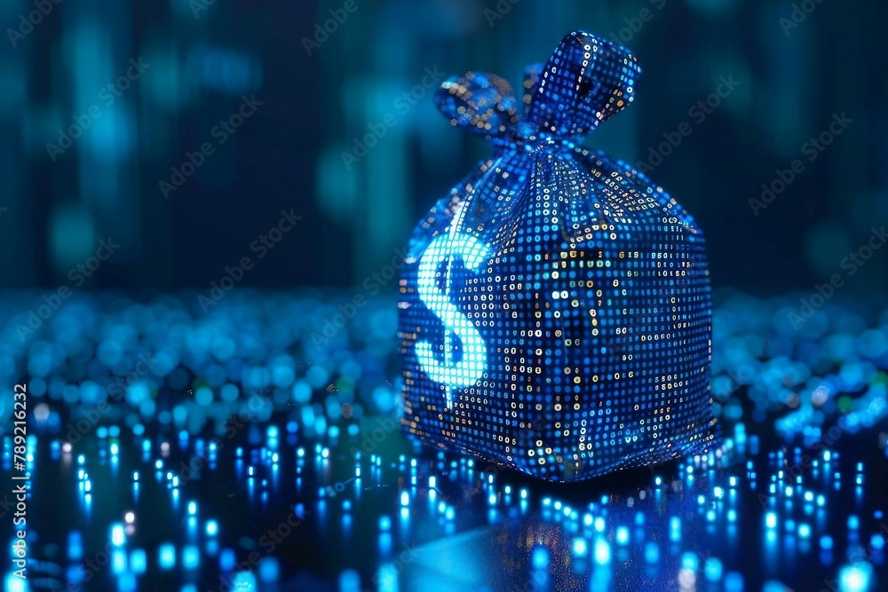 digital blue moneybag with a dollar $ icon with binary code, ai ...