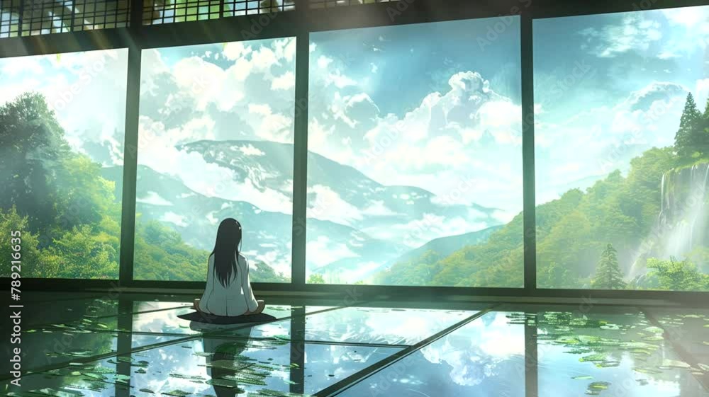 anime character relaxes on a cushioned seat beside a grand window ...