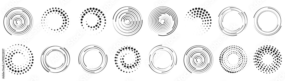 PNG, black thick halftone dotted circle speed lines. Abstract geometric ...
