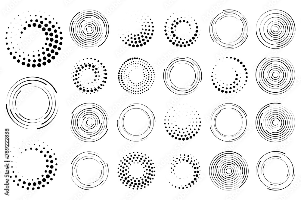 PNG, black thick halftone dotted circle speed lines. Abstract geometric ...