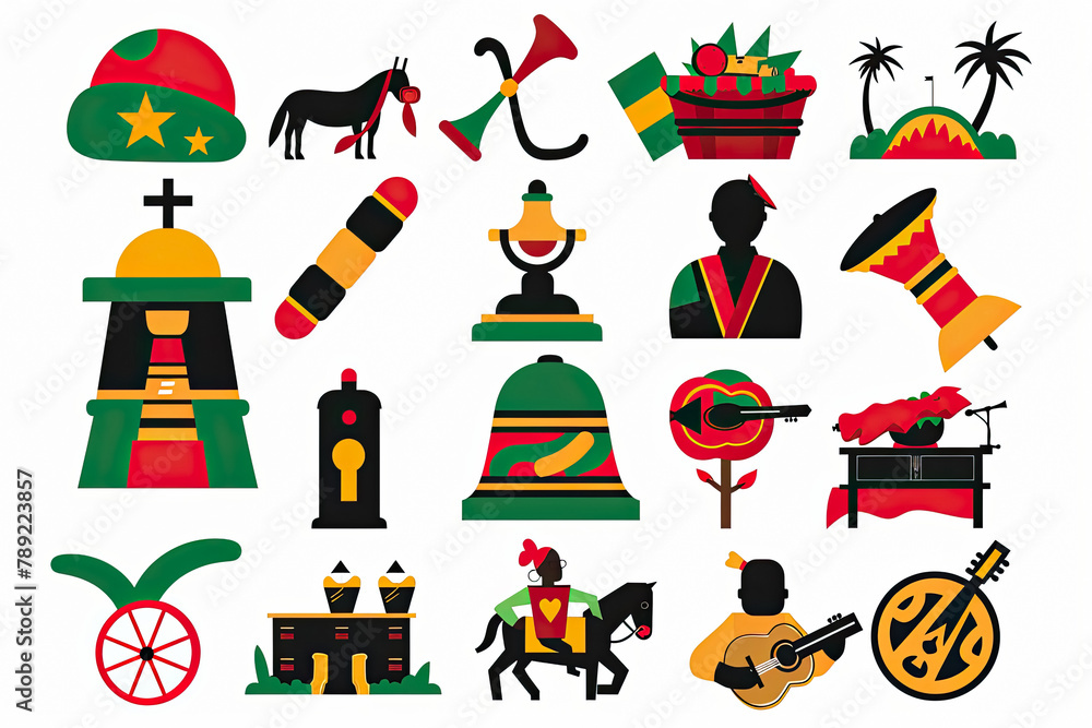Set of vibrant flat icons representing Juneteenth elements like a ...
