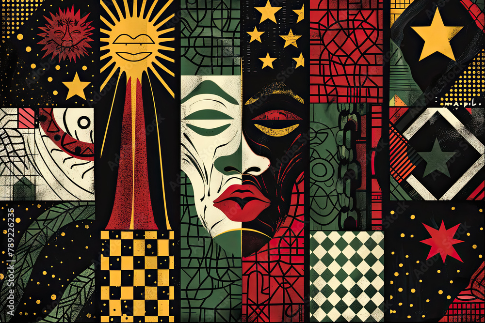 Abstract geometric illustration commemorating Juneteenth with symbolic ...