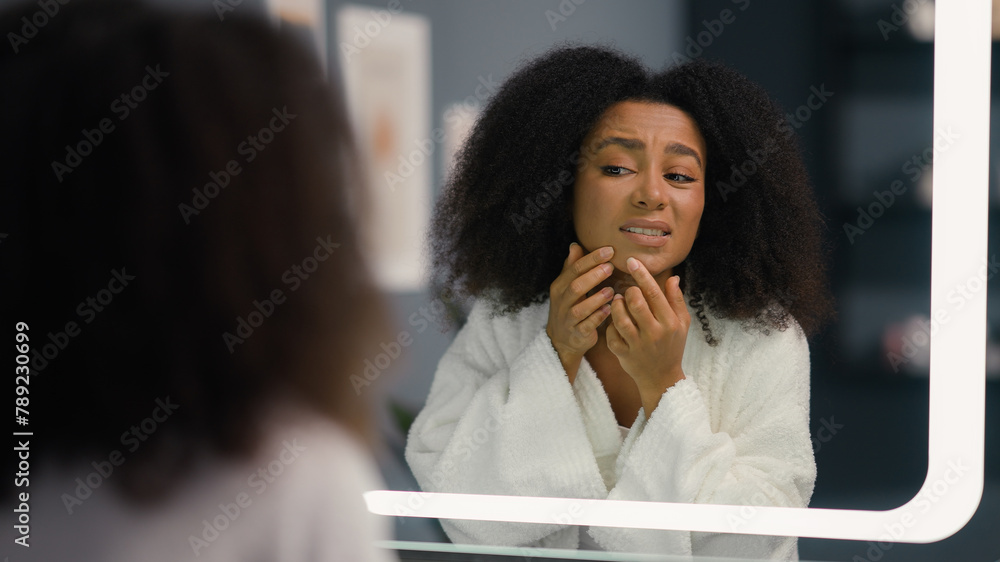 Frustrated African American girl woman female touch face bad condition ...