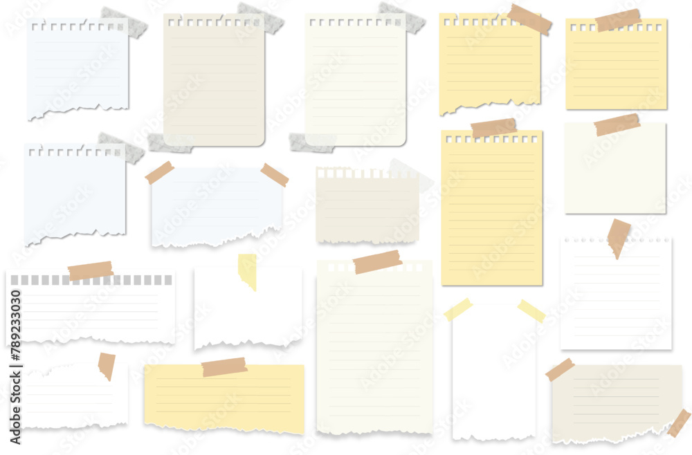 Paper notes, notebook pages, stickers. Vector torn paper sheets with ...
