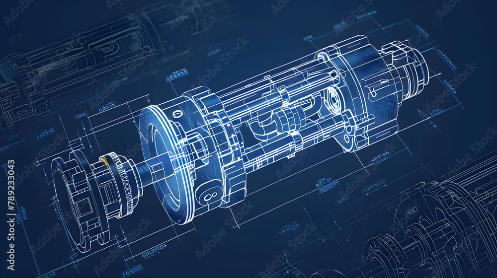 Detailed blueprint of a mechanical gear system on a dark blue ...