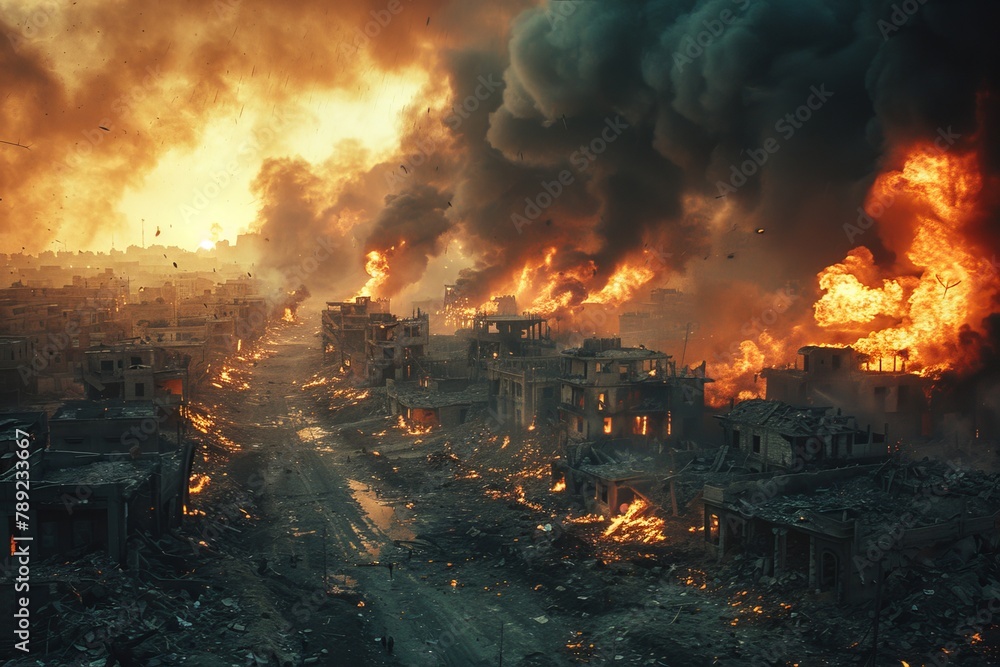 An intense illustration of urban destruction featuring roaring flames ...