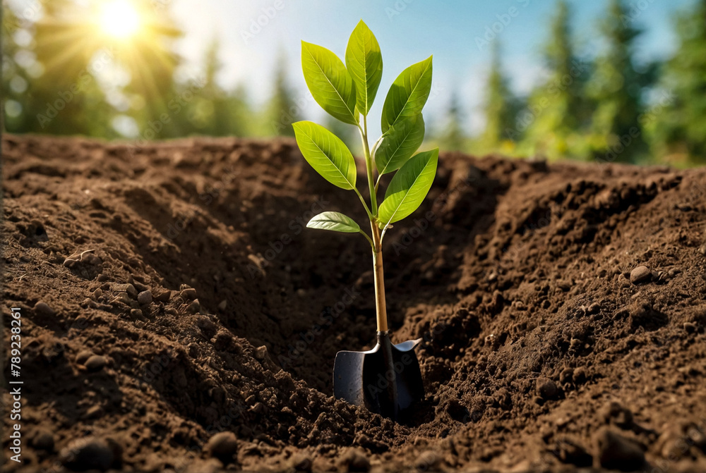 Young tree sapling lies at dug hole next to shovel and is ready to ...