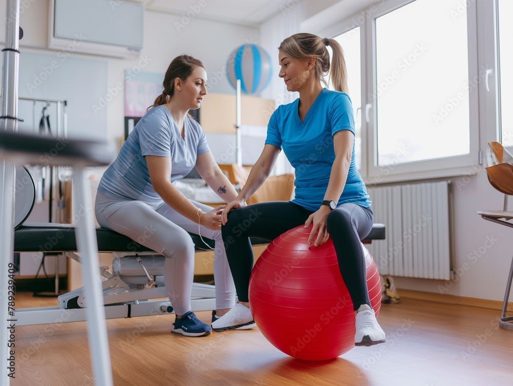physiotherapist helping female patient to do exercise on fitness ball ...