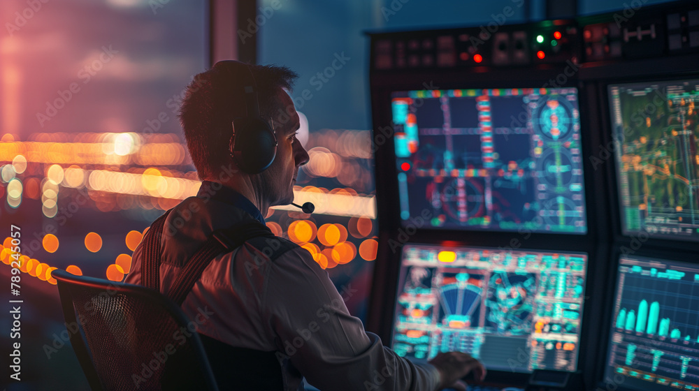 Air traffic controller operating in the control tower at the airport ...