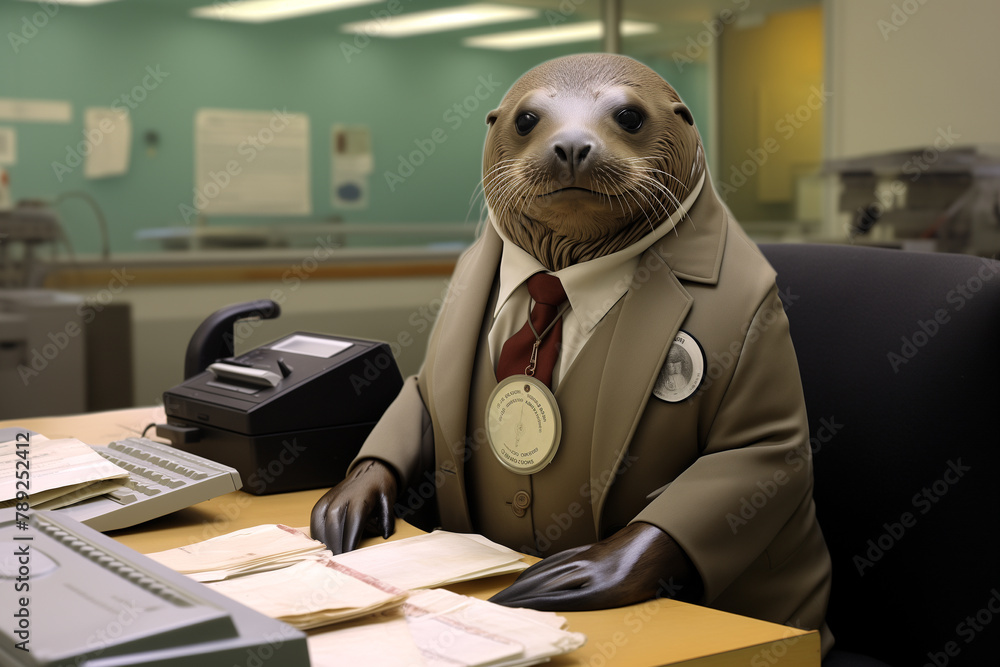 A suit-wearing, anthropomorphic seal doing the paperwork at a busy ...