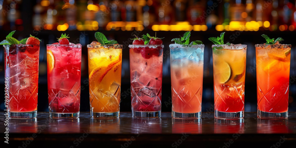 Colorful cocktails in glasses lined up on the counter of the bar ...