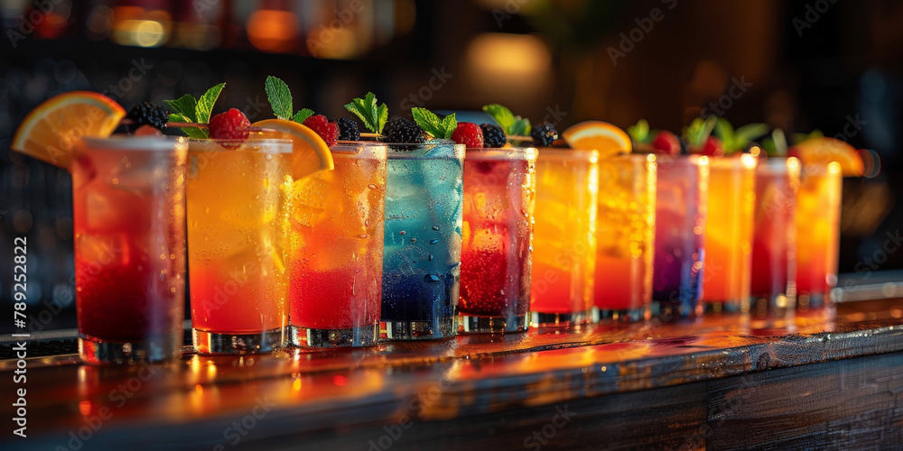 Colorful cocktails in glasses lined up on the counter of the bar ...