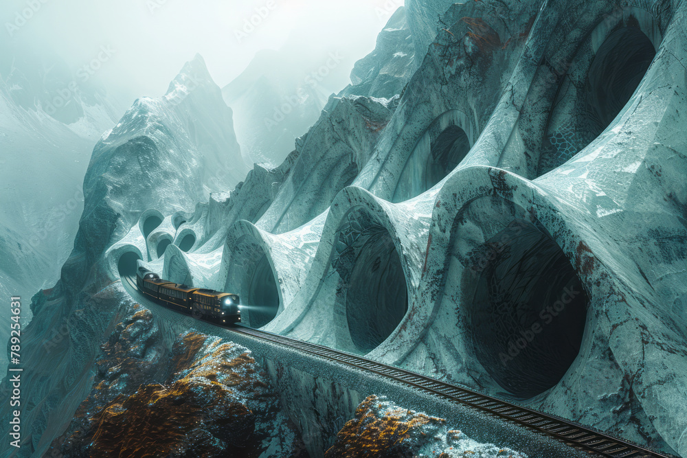 An image of a train chugging along tracks that twist into the shape of ...