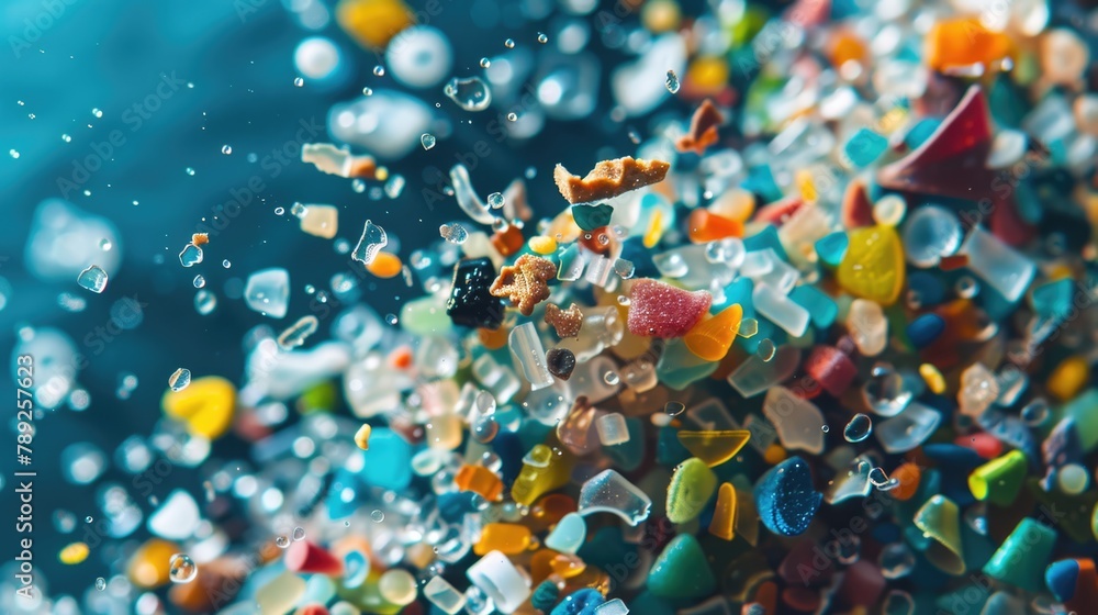 Background with microplastic particles floating in ocean or sea water ...