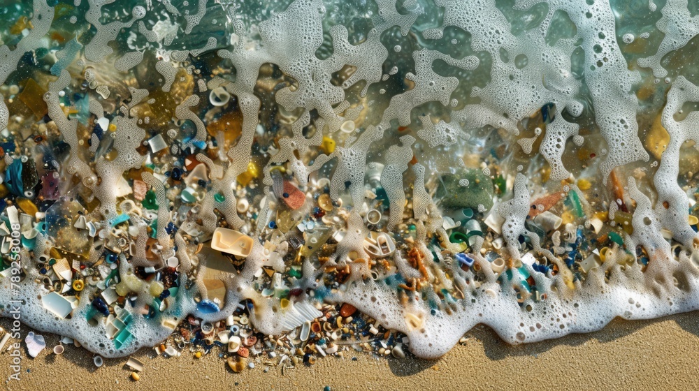 Background with microplastic particles floating in ocean or sea water ...