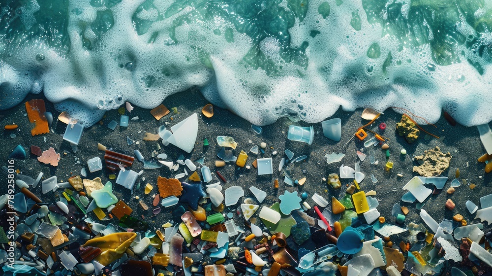 Background with microplastic particles floating in ocean or sea water ...
