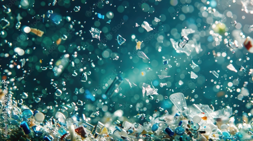 Background with microplastic particles floating in ocean or sea water ...