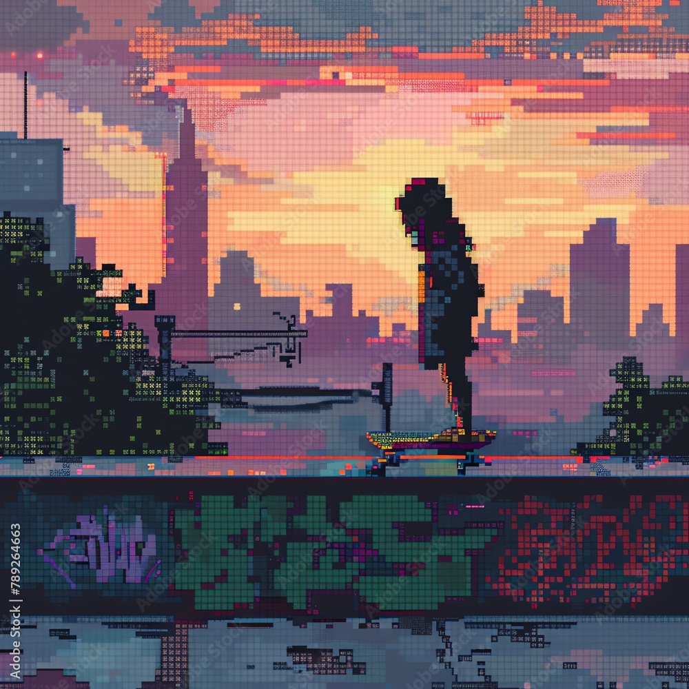 Retro-inspired pixel art scene featuring a girl with a skateboard in an ...