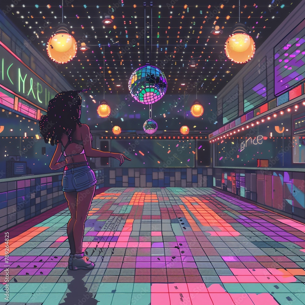 8-bit style pixel art featuring a girl dancing in a retro disco with ...