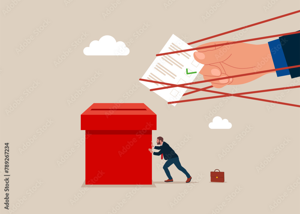 Obstruct voting. Man with a ballot box trying to pushing away with full ...