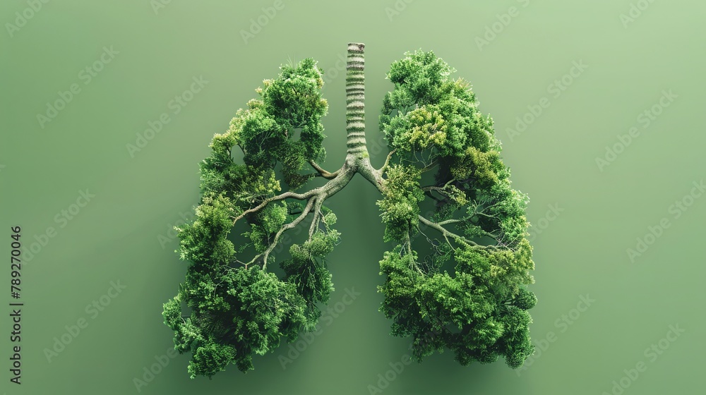 Top-down perspective of lung-shaped trees on green studio background ...