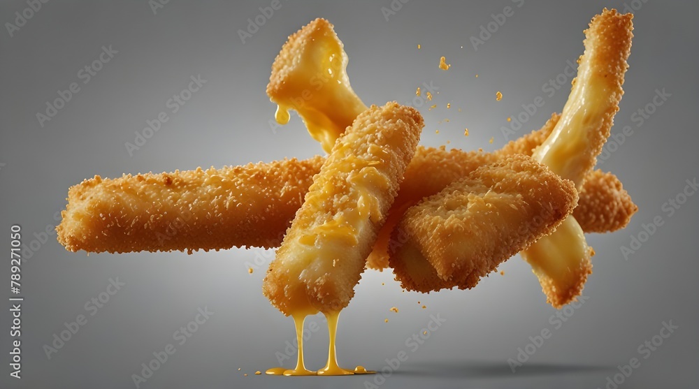 Many Crispy breaded fried cheese sticks, liquid hot cheese dripping out ...