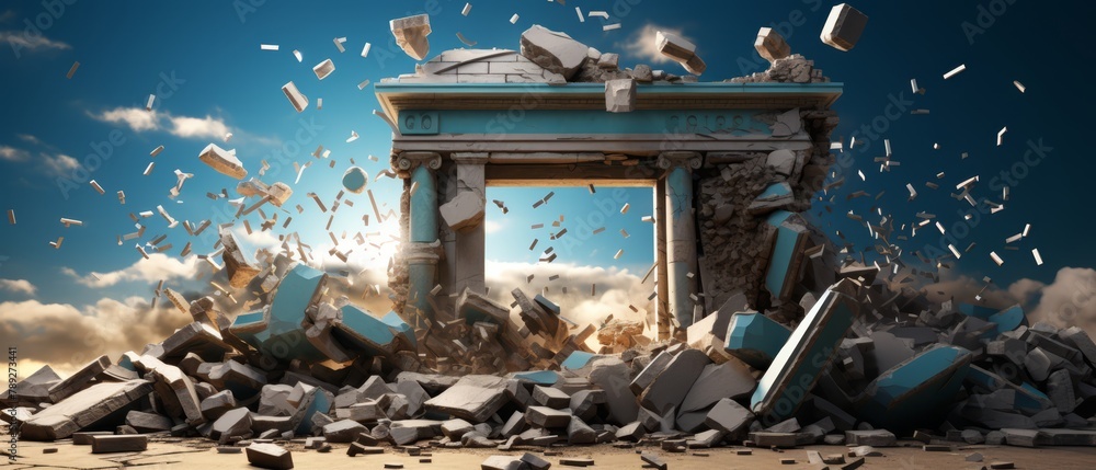 Realistic 3D scene of a crumbling bank sign, metaphor for financial ...