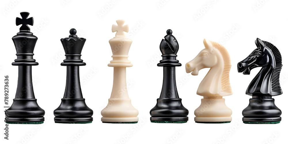 Side view of a row of different types of chess pieces, isolated on ...