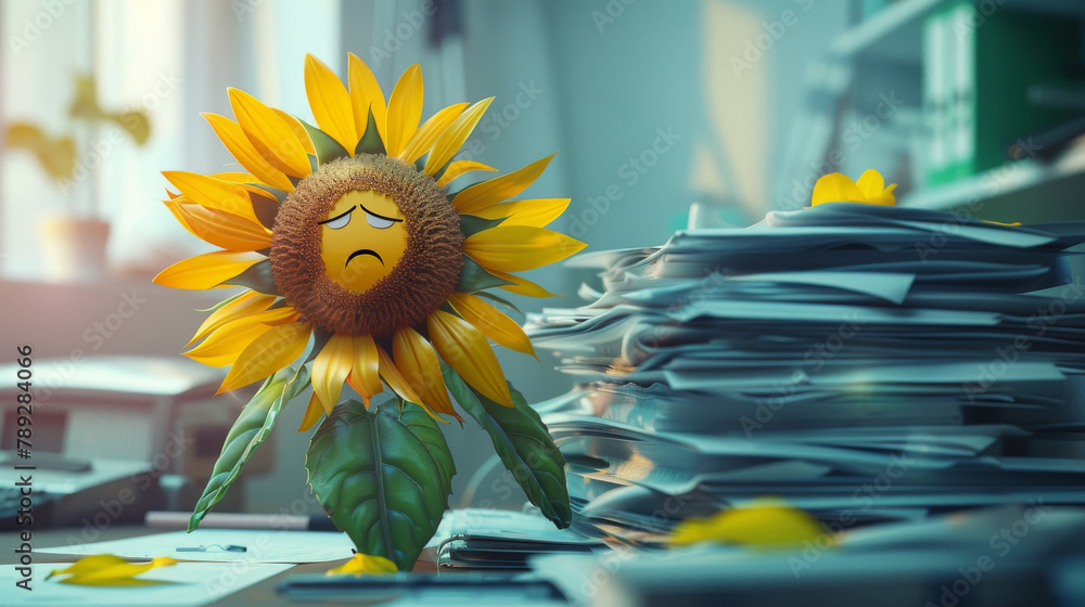 Sad and exhausted sunflower with stacks of documents on an office desk ...
