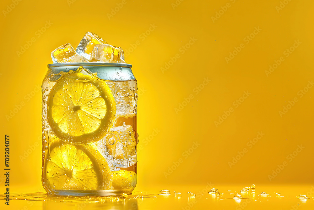 Bank of lemonade with lemons. The aluminum jar turns into a transparent ...