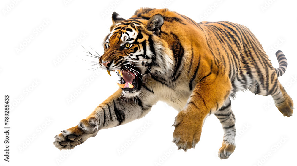 The tiger is isolated on a white background. A tiger in a jump with an ...