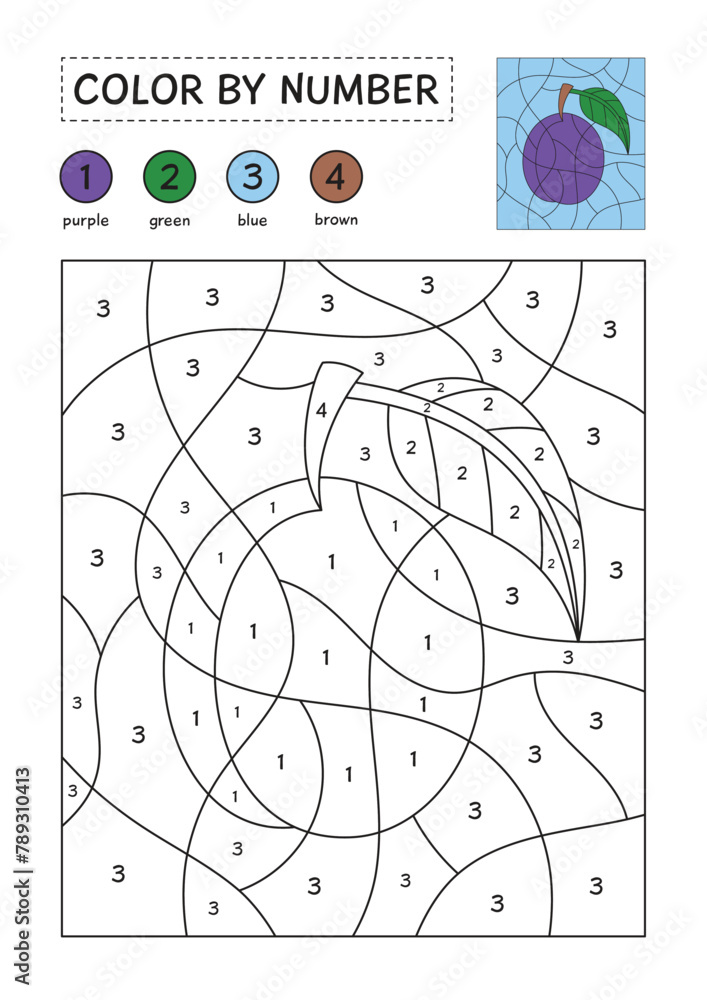 Coloring page with a picture of a plum to color by numbers. Puzzle game ...