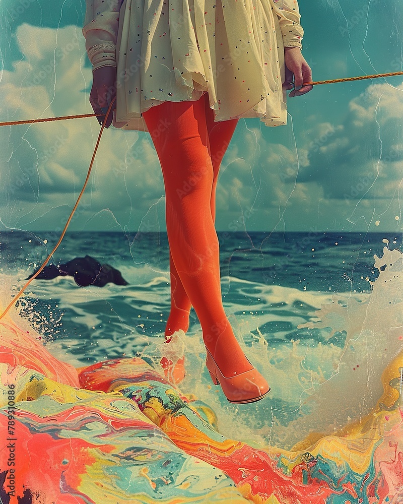 Legs clad in vibrant tights walking on a tightrope over a stormy sea ...