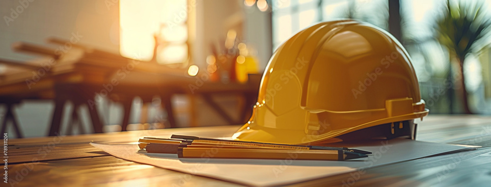 Side view photo of a contractors table with yellow color safety helmet ...