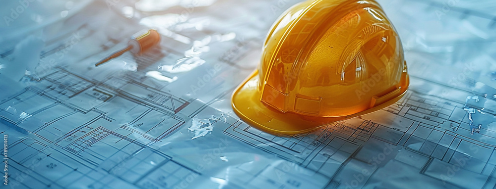Side view photo of a contractors table with yellow color safety helmet ...