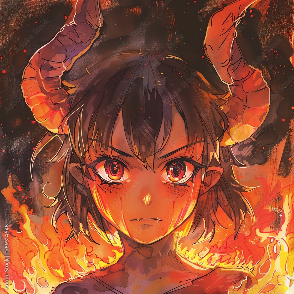A possessed anime girl with demonic horns and glowing red eyes ...