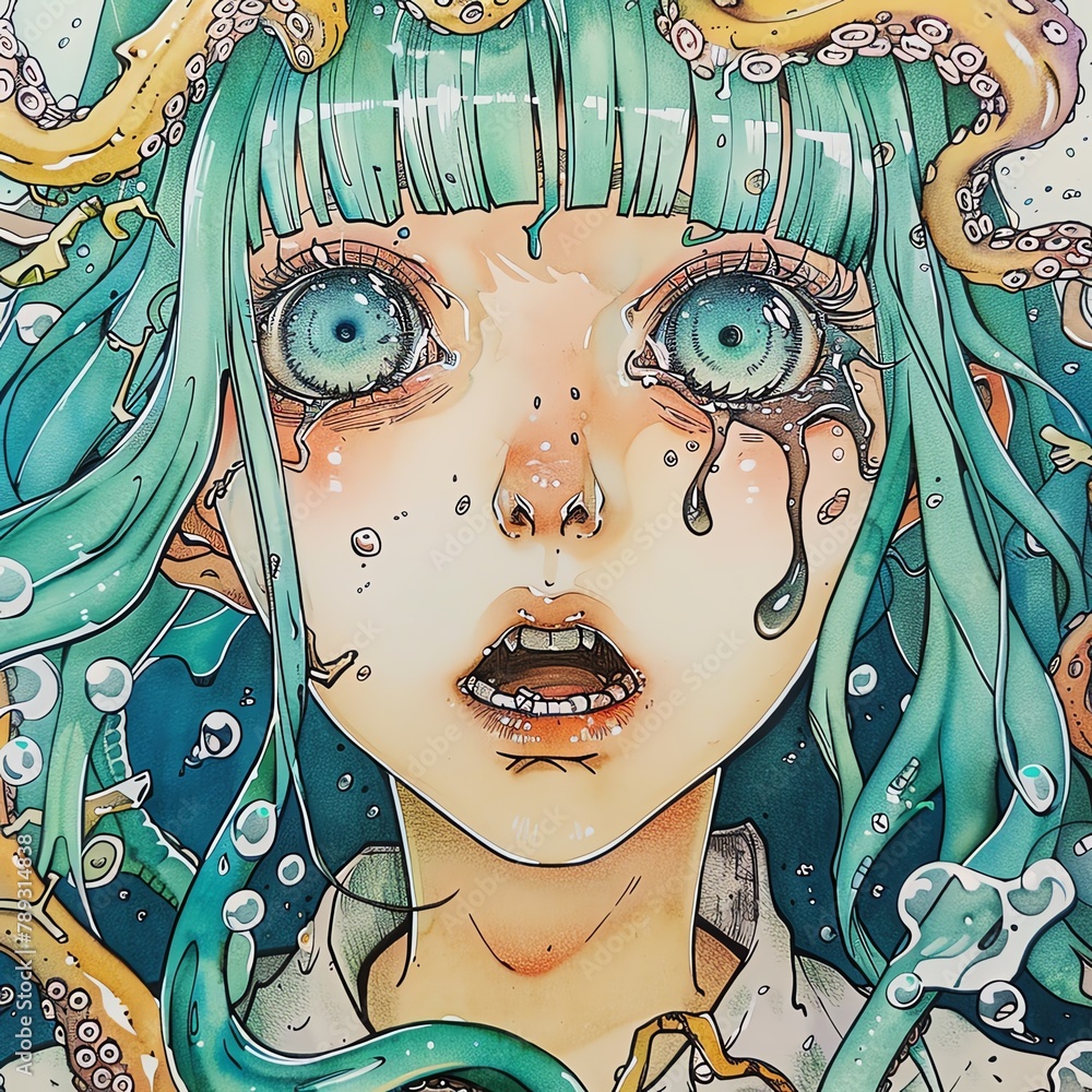 An anime girl with grotesque mutations and tentacles emerging from her ...