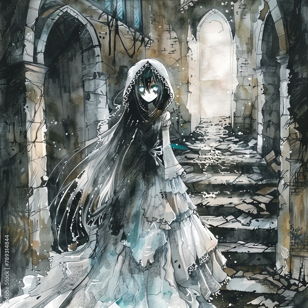 An eerie anime girl with ghostly, glowing eyes and a tattered wedding ...