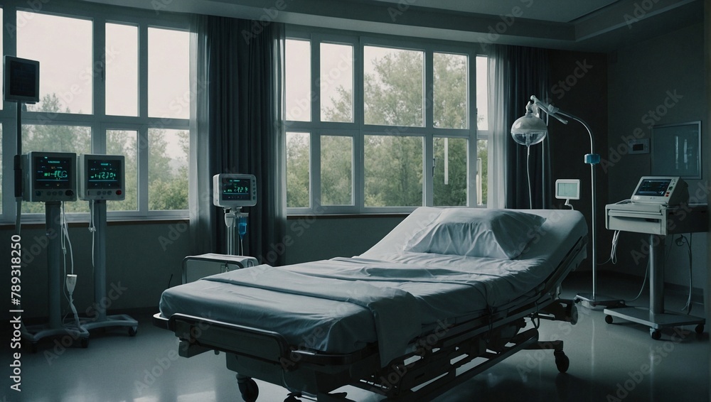 Modern sterile and well-lit hospital room with comfortable patient bed ...